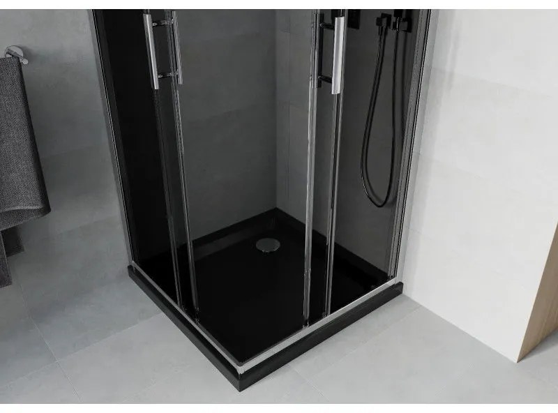 Mexen Rio, čtvercový sprchový kout s posuvnými dveřmi 80 x 80 cm, 5mm šedé sklo, chromový profil + černá sprchová vanička, 860-080-080-01-40-4070