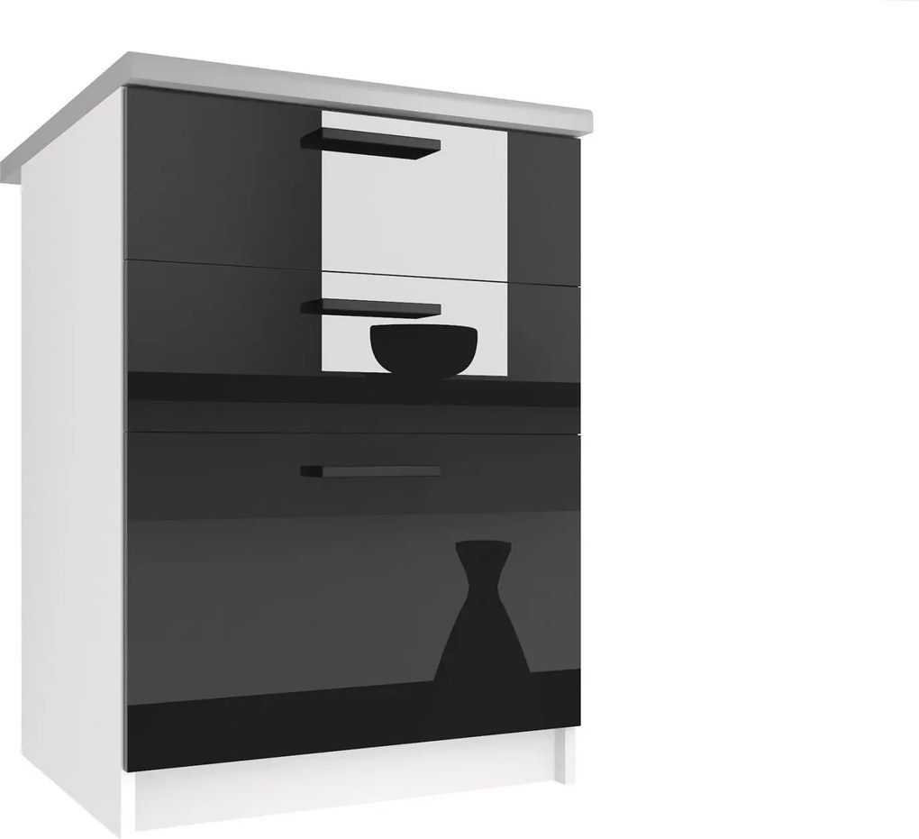 Kuchyňská skříňka Belini spodní se zásuvkami 60 cm černý lesk s pracovní deskou  INF SDSZ60/1/WT/B/0/B1