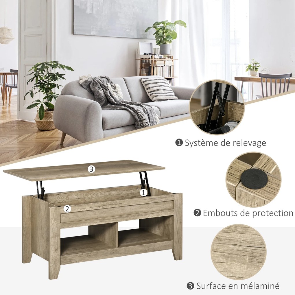 HOMCOM Zvedací Konferenční Stolek, Stolek do Obývacího Pokoje se Policemi a Skrytým Úložištěm, 105 x 50 x 49-62,5 cm do Obývacího Pokoje, Ložnice, Du…
