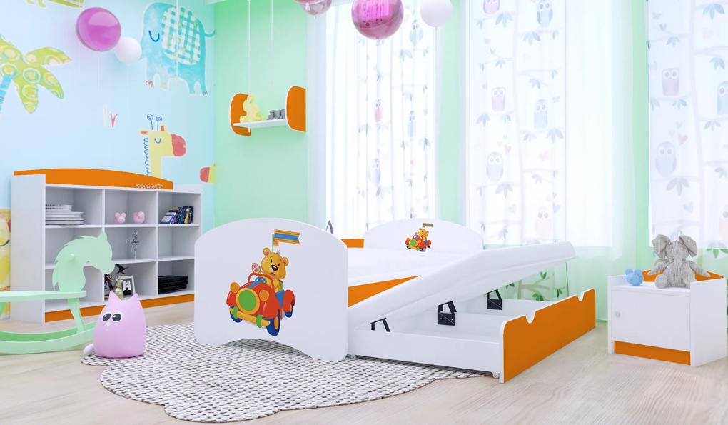 Svět pokojů Dětská postel Kevin pro dvě děti - medvídek v autě + matrace zdarma Barva: Oranžová, Rozměr: 160x80 cm, Zábrana: NE