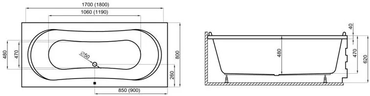 NIKIDO - P Akrylátová vana LONG 170x80 nebo 180x80 Velikost: 170x80