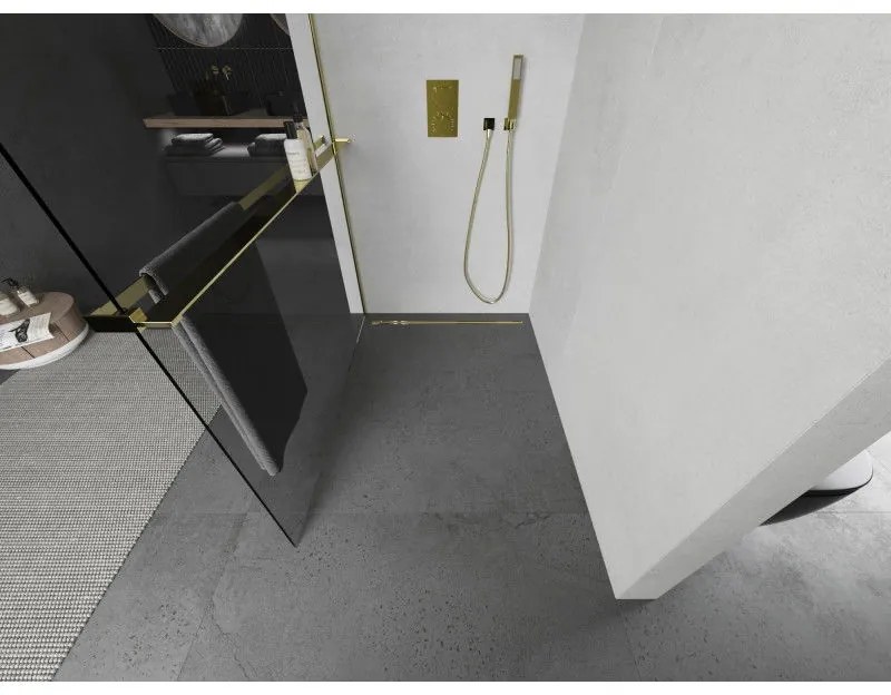 Mexen Kioto, sprchová zástěna Walk-In Walk-in 105 x 200 cm, 8mm čiré sklo, zlatý lesklý profil + věšák na ručníky s poličkou, 800-105-121-50-00