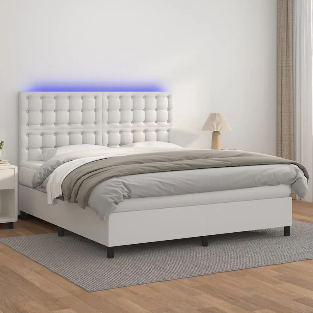Box spring postel s matrací a LED bílá 160x200 cm umělá kůže