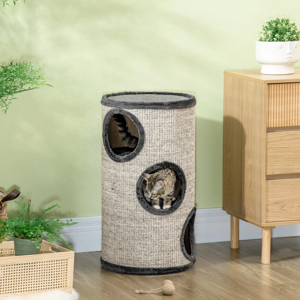 PawHut škrábací sud s plyšovým designem 3 úrovně se 3 jeskyněmi a škrábací plochou ze sisalového lana 38 x 38 x 70 cm šedý pro kočky | Aosom.de