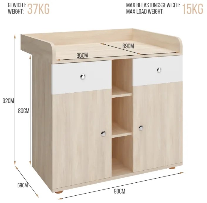 INFANTASTIC Přebalovací pult, 90 x 69 x 92 cm, dub