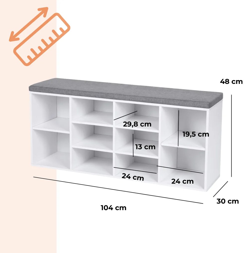 Botník s čalouněnou lavicí GABI, 10 přihrádek, 104x30x48 cm, šedá/bílá Jurhan