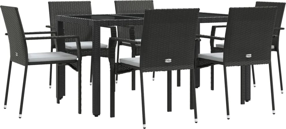 7dílný zahradní jídelní set s poduškami černý polyratan 3184978