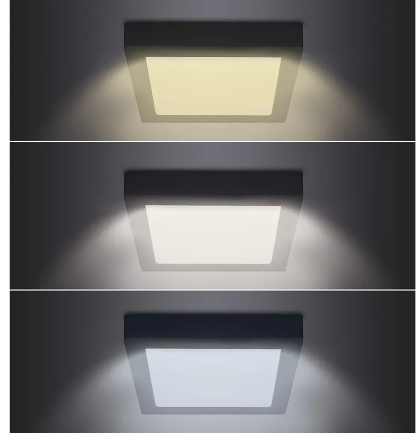 Solight LED mini panel CCT, přisazený, 18W, 1530lm, 3000K, 4000K, 6000K, čtvercový, černá barva