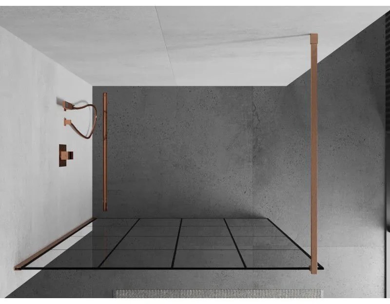 Mexen Kioto, sprchová zástěna Walk-In 150 x 200 cm, 8mm čiré sklo černý vzor, měděný matný profil, 800-150-101-65-77