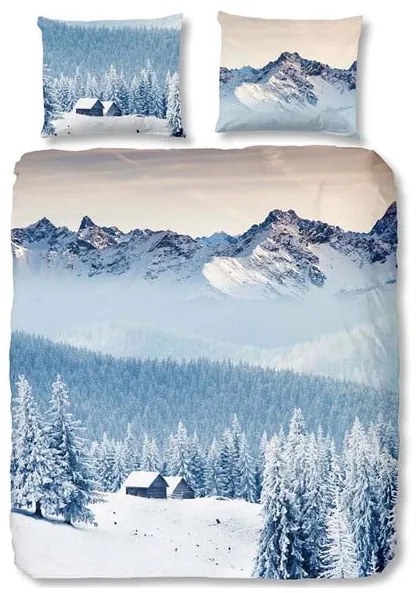 Modré povlečení z bavlny na jednolůžko Good Morning Mountains, 140 x 200 cm