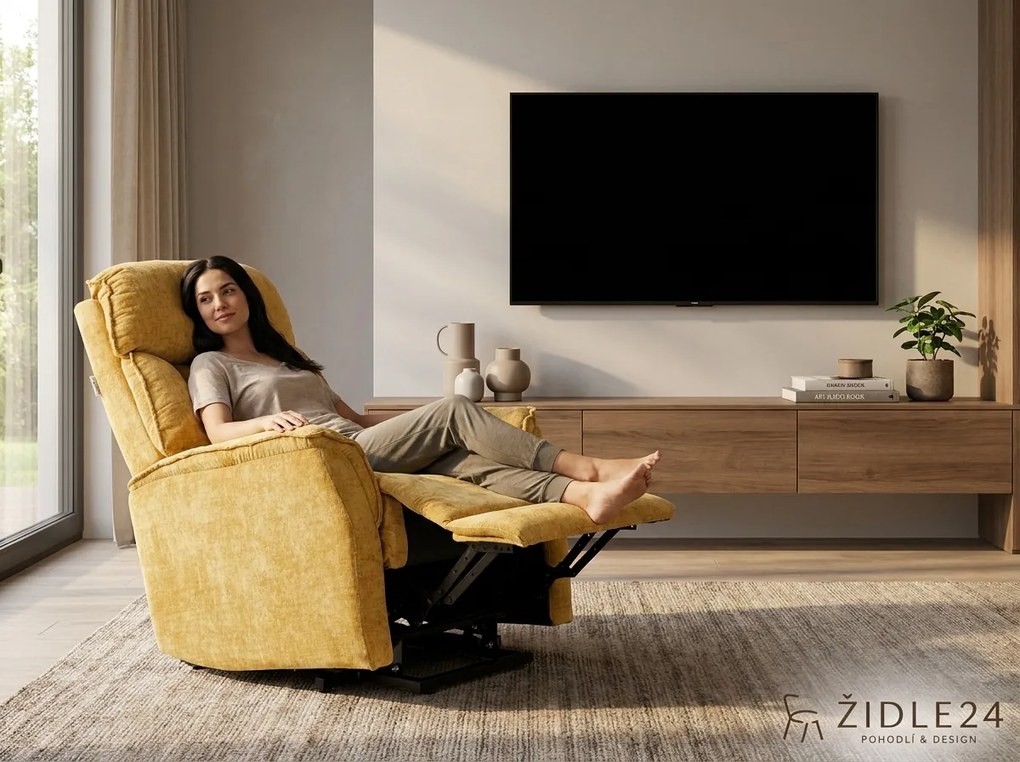 Elektrické polohovací TV křeslo VOJO - žlutá látka / masážní / vyhřívací funkce