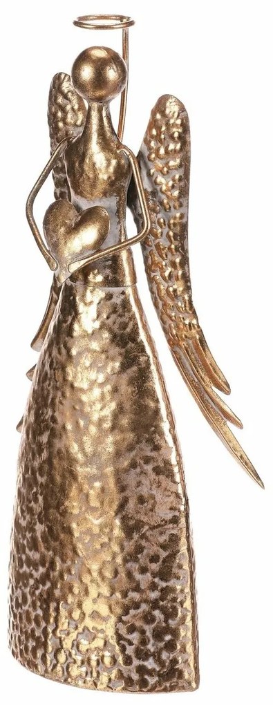 Vánoční kovová dekorace Anděl 34 cm se srdcem, zlatá, 34 cm