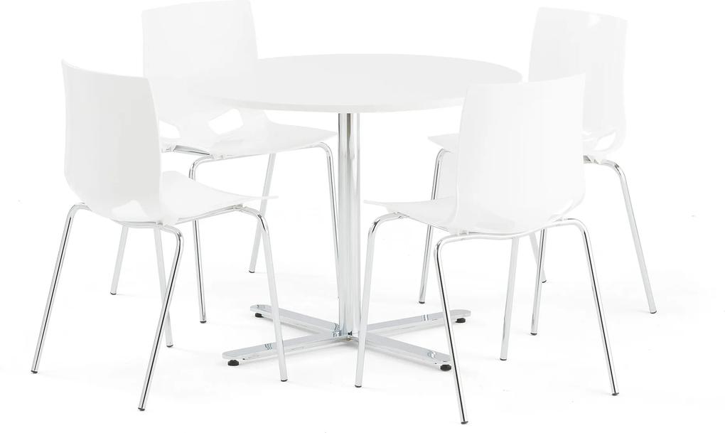 AJ Produkty Jídelní set Tilo + Juno, 1 kulatý stůl a 4 bílé židle