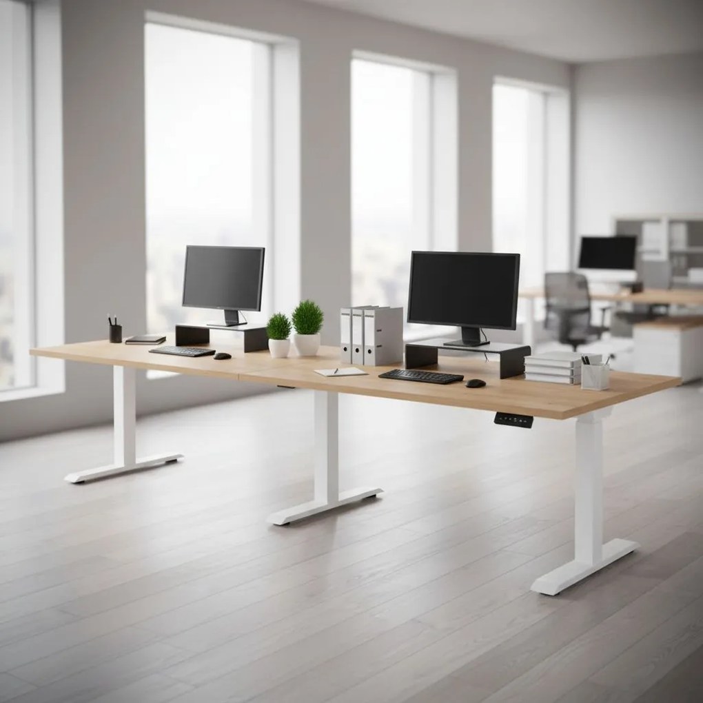 Výškově nastavitelný stůl OfficeTech Long, 260 x 80 cm, bílá podnož, dub kamenný
