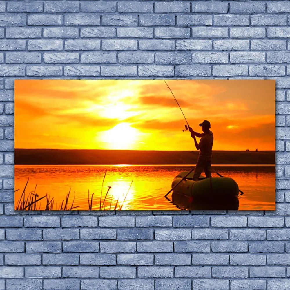 Plexisklo-obraz Rybář Ryby Západ Jezero 120x60 cm