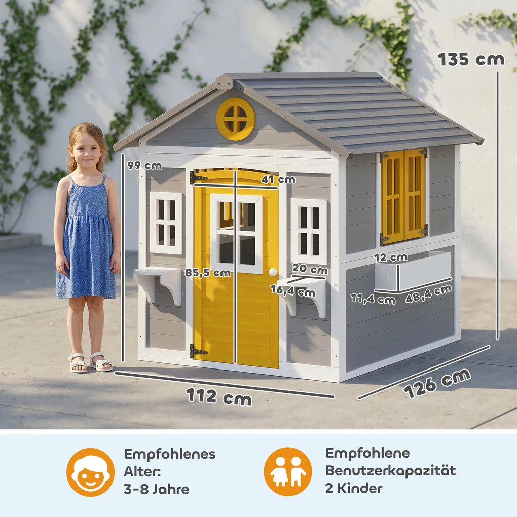 Outsunny dřevěný domeček do interiéru i exteriéru s dveřmi, okny, truhlíky a policemi — šedý, pro děti 3–8 let