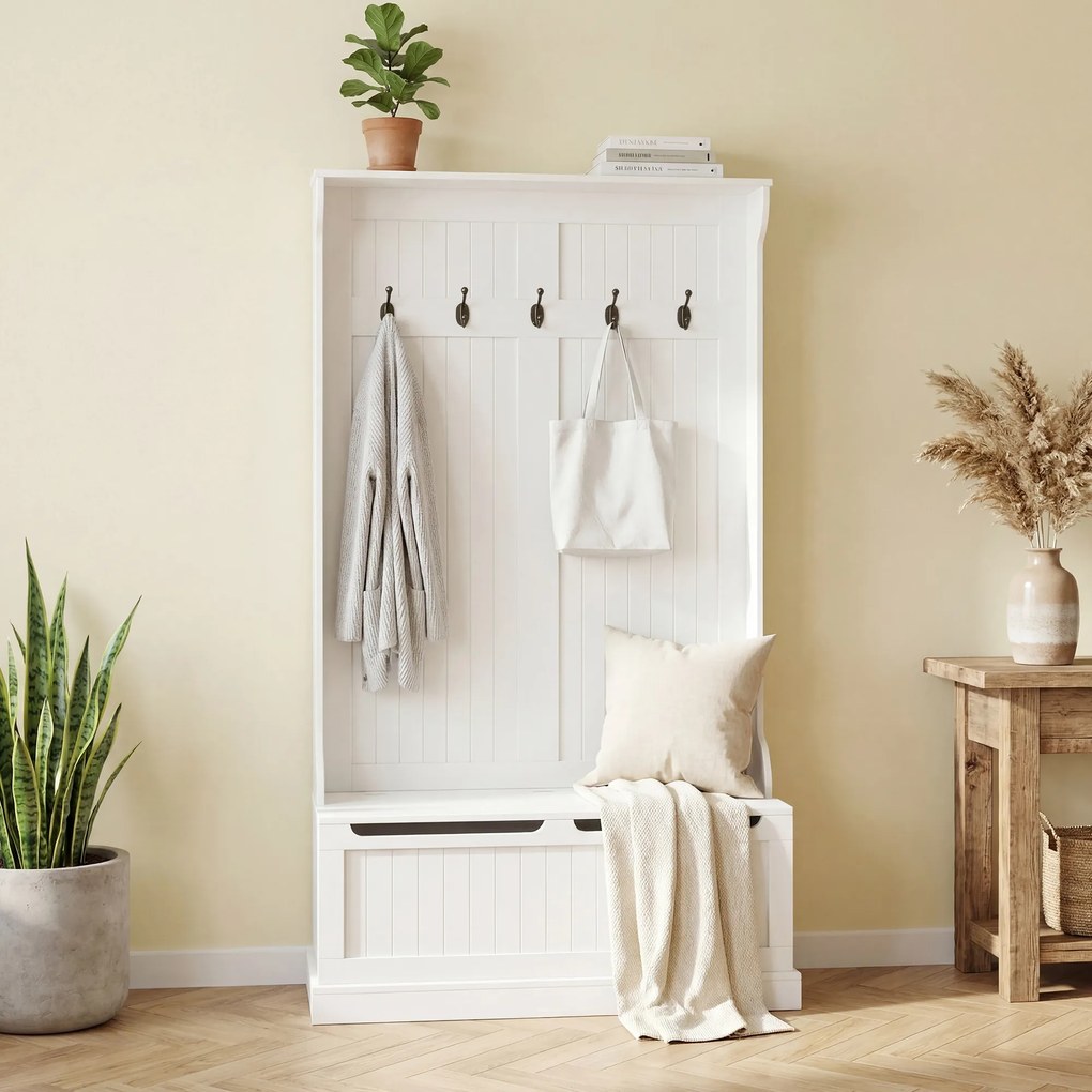 HOMCOM věšák na kabáty s botníkem a lavičkou, organizační prvek do předsíně, s 5 háčky a úložným prostorem, 96x34x179,7cm, slonová kost