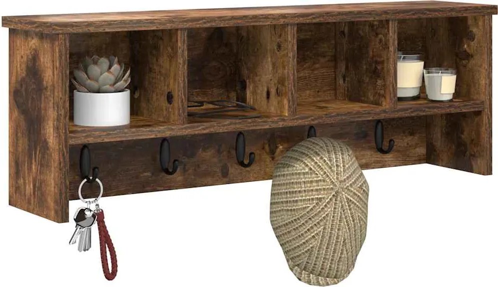 věšák, nástěnný, 4 poličky, háčky, kompozitní dřevo, 26x75x16 cm, kouřový dub, Dekorino TK20260021