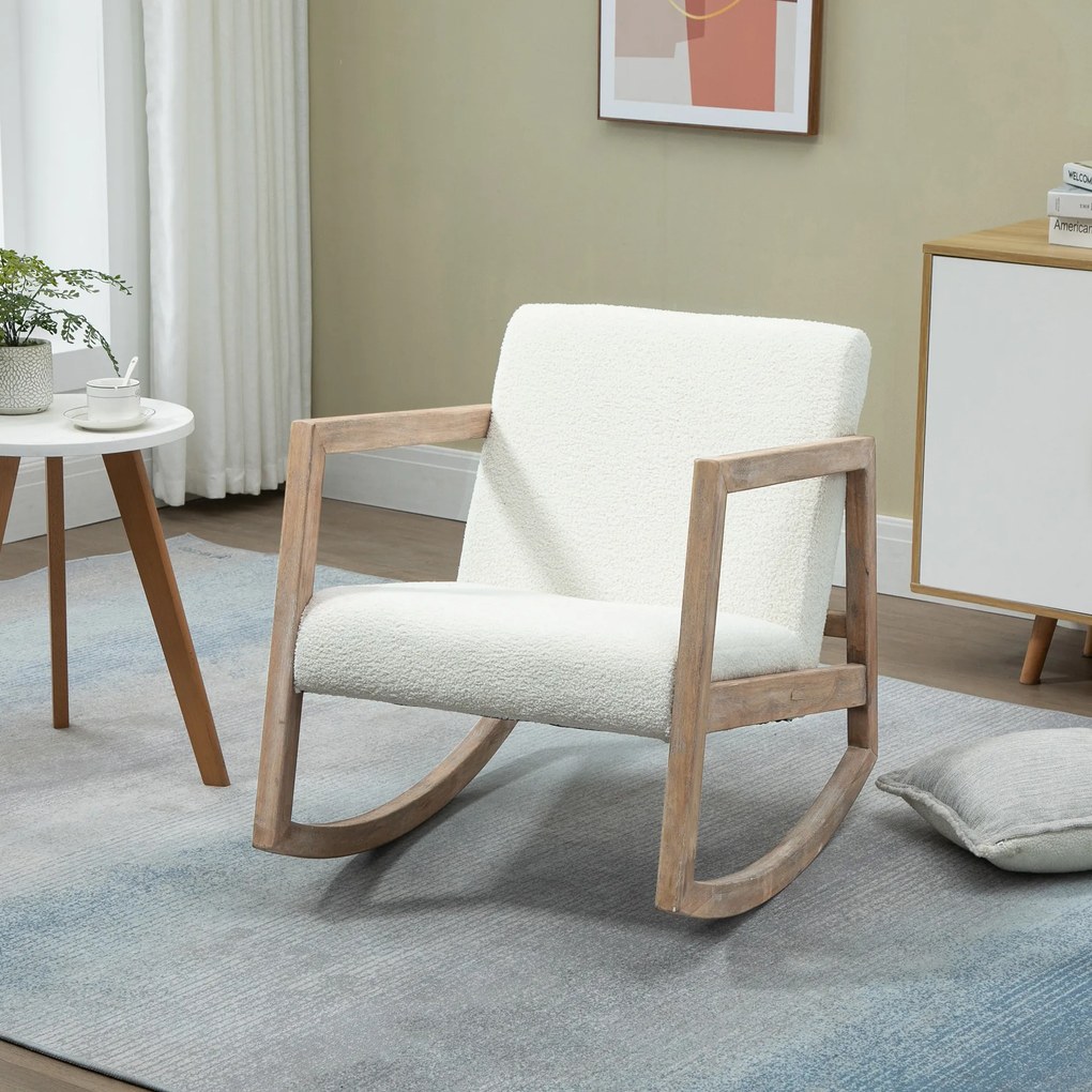 HOMCOM Houpací křeslo Relaxační křeslo s dřevěným rámem, čalouněné, lounge, kaučukovník, krémově bílé