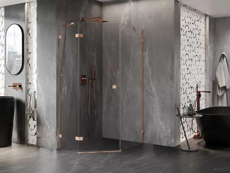 Mexen Lunar, pětiúhelníkový sprchový kout s levým sklonem 80 x 90 cm, 8mm čiré sklo, profil měděná matná, 831-080L-090P-65-00-L