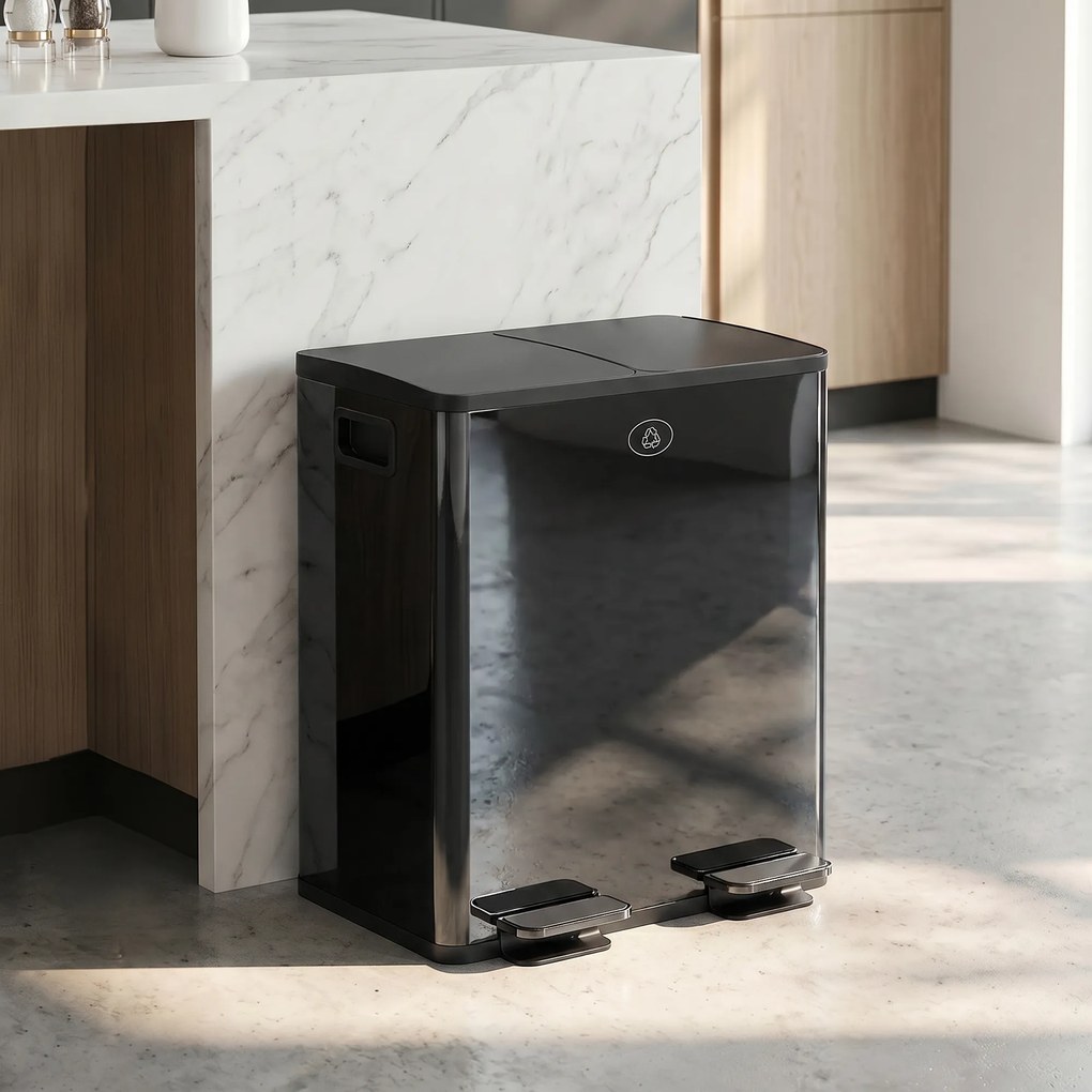 2 x 20litrové dvojité odpadkové koše, otevírání pomocí pedálu, snadné čištění, nerezová ocel, plast, černá barva