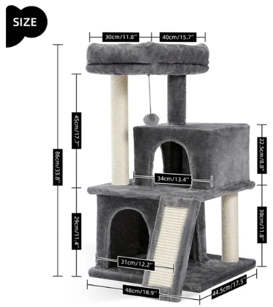 KOČIČÍ STROM - stabilní, třípatrový - 86 cm Barva: AMT0140GY-LF šedá
