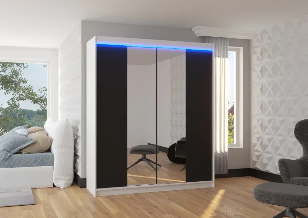 Posuvná skříň se zrcadlem a LED osvětlením BALANCE 180 bílá – černá