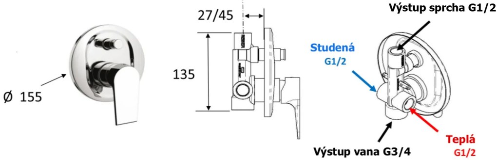 Sapho, KAI podomítková sprchová baterie, 2 výstupy, chrom, KA42