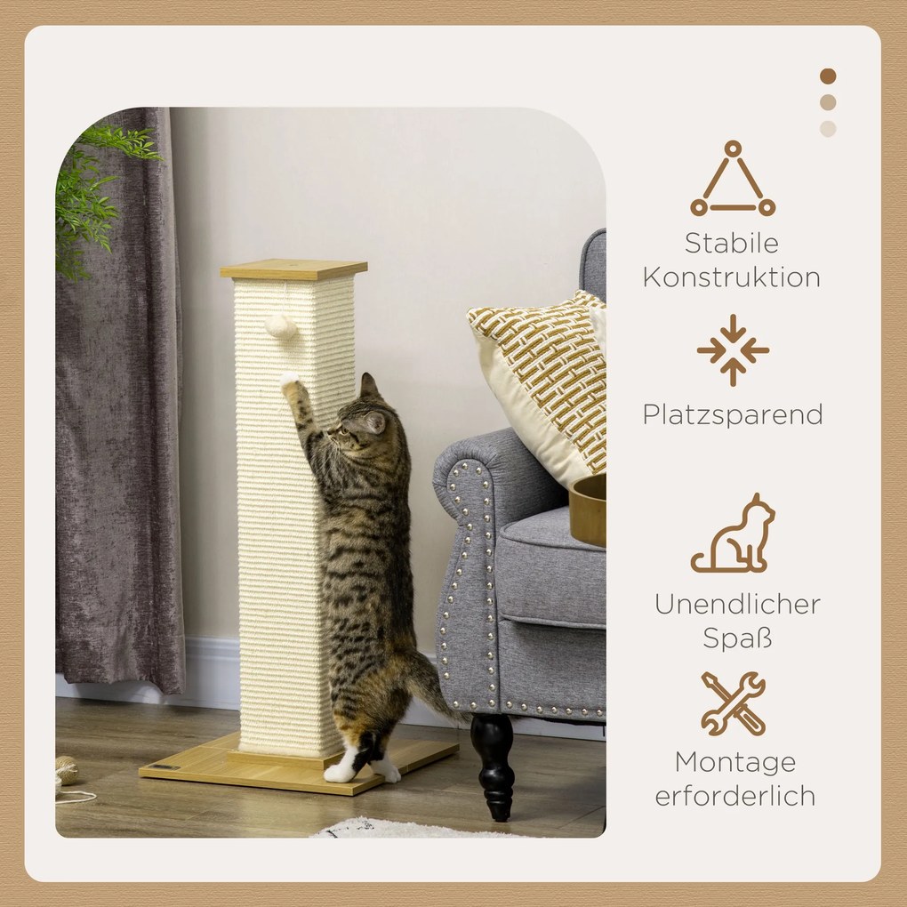 PawHut škrabadlo pro kočky 38L x 38W x 80H cm stabilní a bezpečné se škrabací deskou hracími míčky ze sisalu dub krémově bílý úspora místa