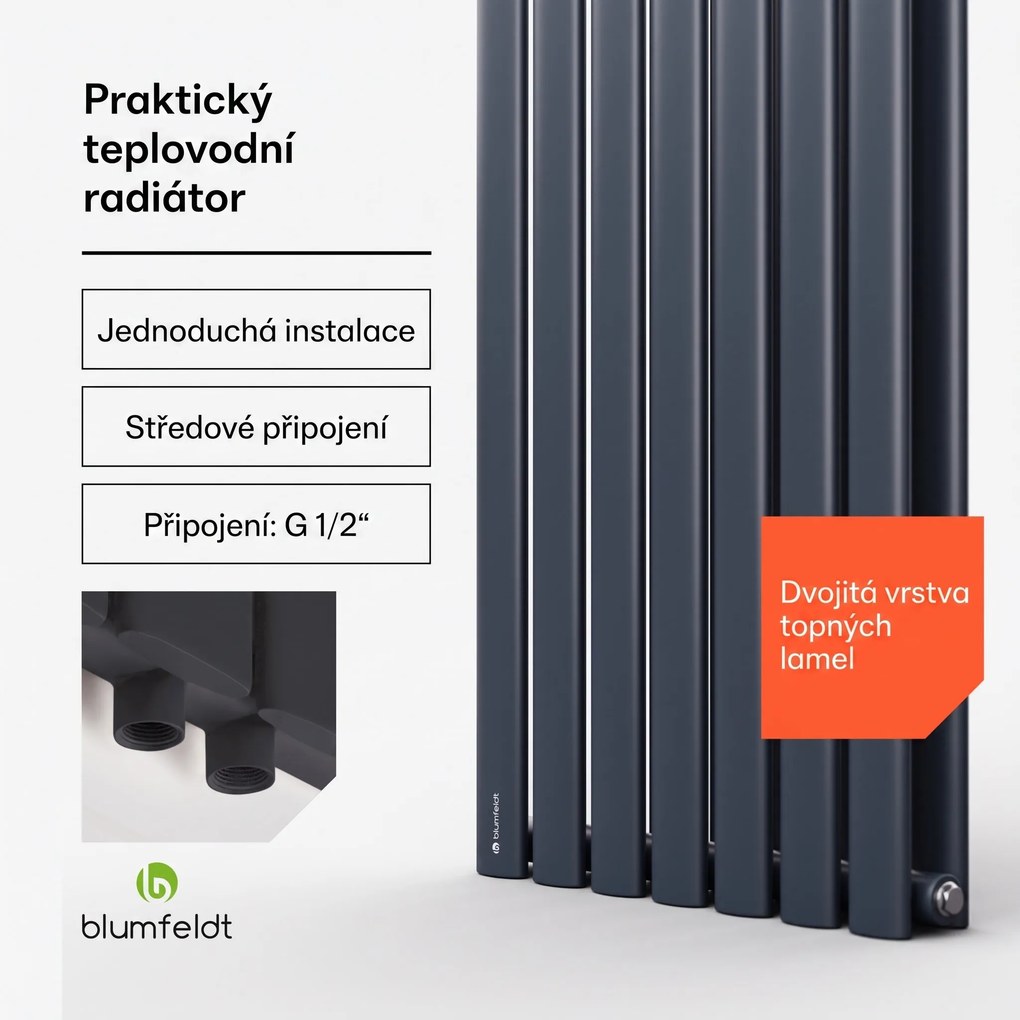 Blumfeldt Tallheo, 41 x 180, radiátor, koupelnový radiátor, trubkový radiátor, 1435 W, teplá voda, 1/2