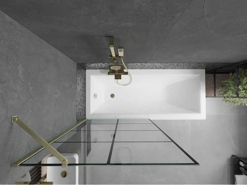 Mexen Next, 1-křídlová vanová zástěna 90 x 150 cm, 6mm čiré sklo - černý vzor, zlatá matná, 895-090-000-00-77-55