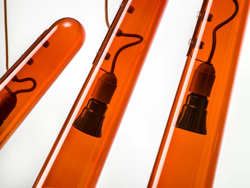 Závěsné svítidlo Brokis Flutes 0° PC956, Povrch Montury: kov - oranžový matný komaxit, Barva skla: Šedá kouřová - transparentní sklo, Baldachýn: Trimless – kabelová verze – černá struktura