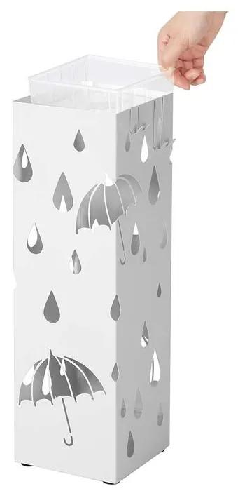 Kovový stojan na deštníky, odkapávací miska a 4 háčky, bílý