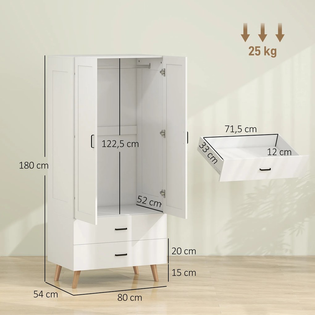 HOMCOM šatní skříň se 2 dveřmi s tlumeným zavíráním, 2 zásuvkami a šatní tyčí, 80x54x180 cm, bílá