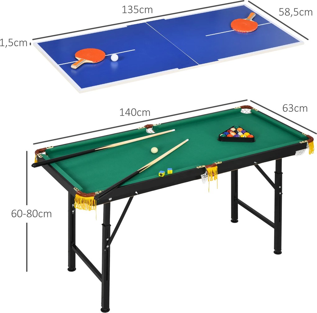SPORTNOW multigame herní stůl 2v1 multifunkční stůl na stolní tenis a kulečník pro děti a dospělé, ocel 140x63x60-80cm, zelený | Aosom.de