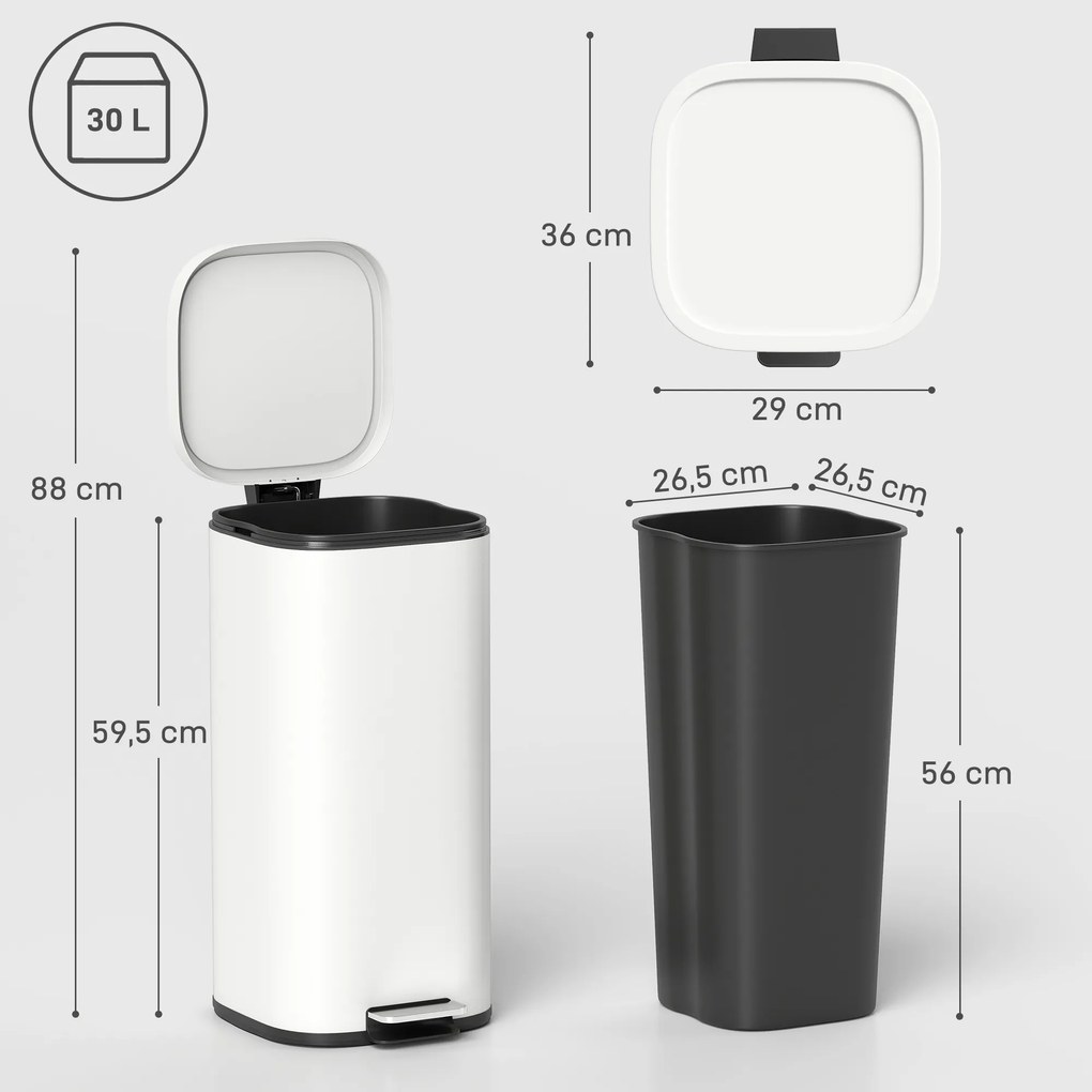 HOMCOM 30 l pedálový odpadkový koš s tichým dovíráním, vyjímatelným vnitřním kbelíkem a funkcí držení v otevřené poloze – kov odolný proti otiskům, k…