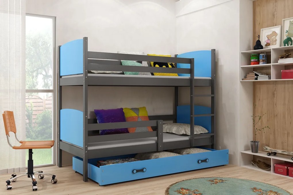 ImportWorld Dětská patrová postel Evžen - 2 osoby, 80x190 s úložným prostorem – Grafitová, Modrá