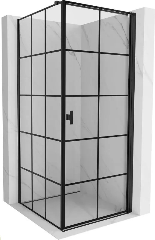 Mexen Mist-B, 1-křídlý ​​výklopný sprchový kout, pravý, 90 x 90 cm, čiré sklo-černá mřížka, 8A2T-090-090-70-77-P