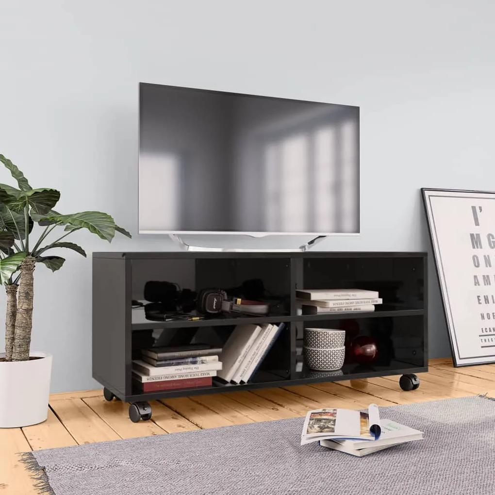 800187 vidaXL TV stolek s kolečky černý vysoký lesk 90x35x35 cm dřevotříska
