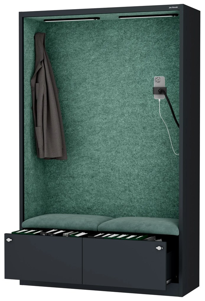 Kancelářská akustická kabina se sedátkem a USB-C portem, korpus antracitový / sedák zelený, 1150 mm: SALLY MentalBox