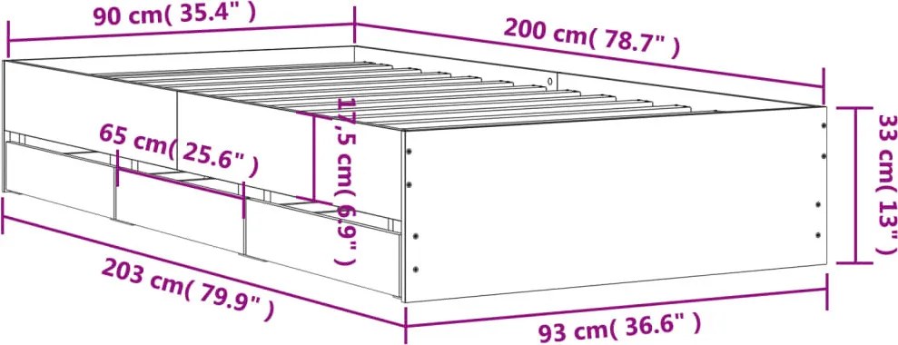 vidaXL Rám postele se zásuvkami 90 x 200 cm kompozitní dřevo [3207299] Barva: Betonová šedá