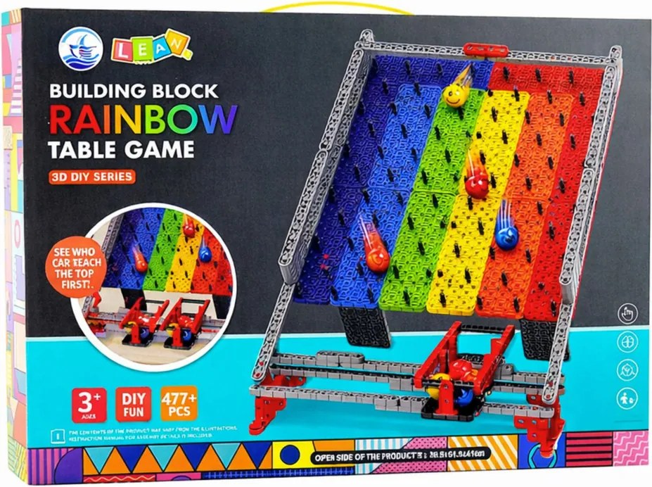 LEAN Toys Stavebnice – Duhová deska, kuličková dráha, skluzavka, hra na chytání kuliček, 477 dílů