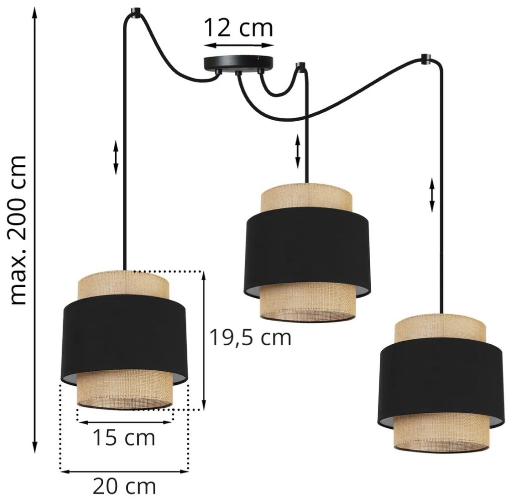 Závěsné svítidlo BOHO SPIDER, 3x jutové/černé textilní stínítko