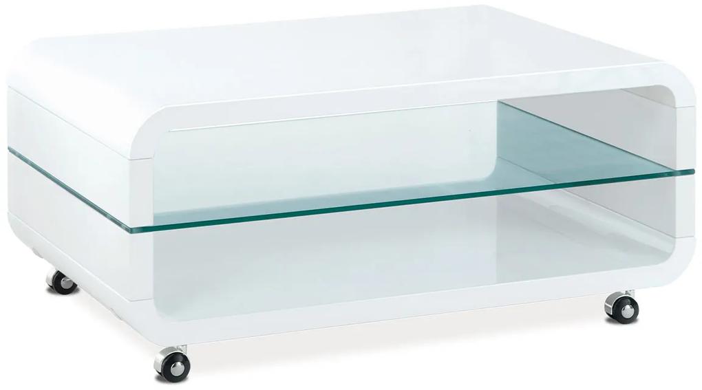 Konferenční stolek WT s kolečky, š.90cm, MDF bílý/sklo