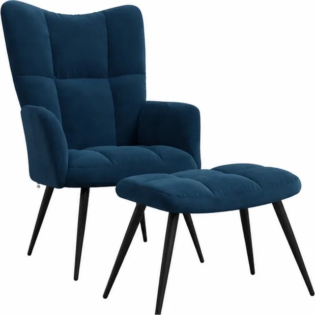 křeslo relaxační, s podnožkou, odpočinkové, ušák, kov/samet, 98x63x69 cm, černá/modrá, Dekorino KR20260022