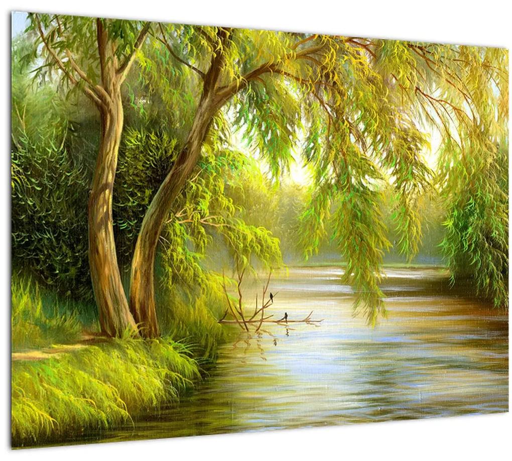Skleněný obraz - Vrba u jezera, olejomalba (70x50 cm)