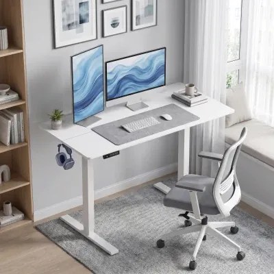HOMCOM Elektrický stojací-sedadlový stůl 120 x 60 cm, 3 paměťové výšky, dětská pojistka a protinárazová funkce, pro práci, bílá