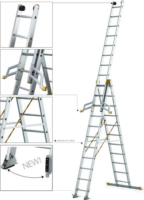 Hliníkový žebřík 3x11 příček třídílný DRABEST DW3-11 MAX