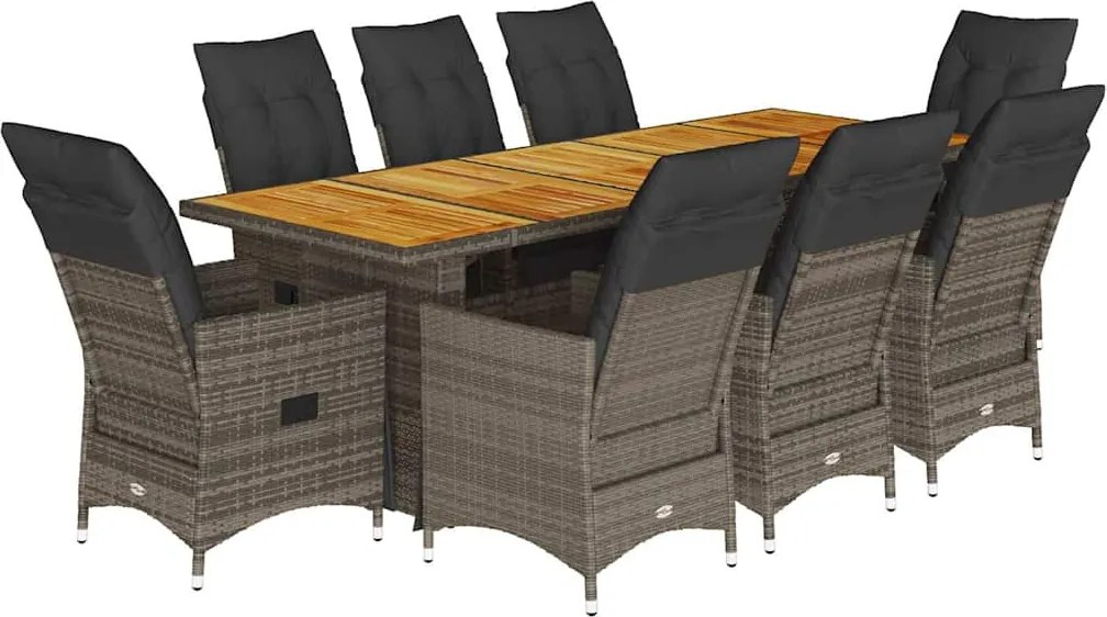 9dílný zahradní bistro set s poduškami šedý polyratan 3277259