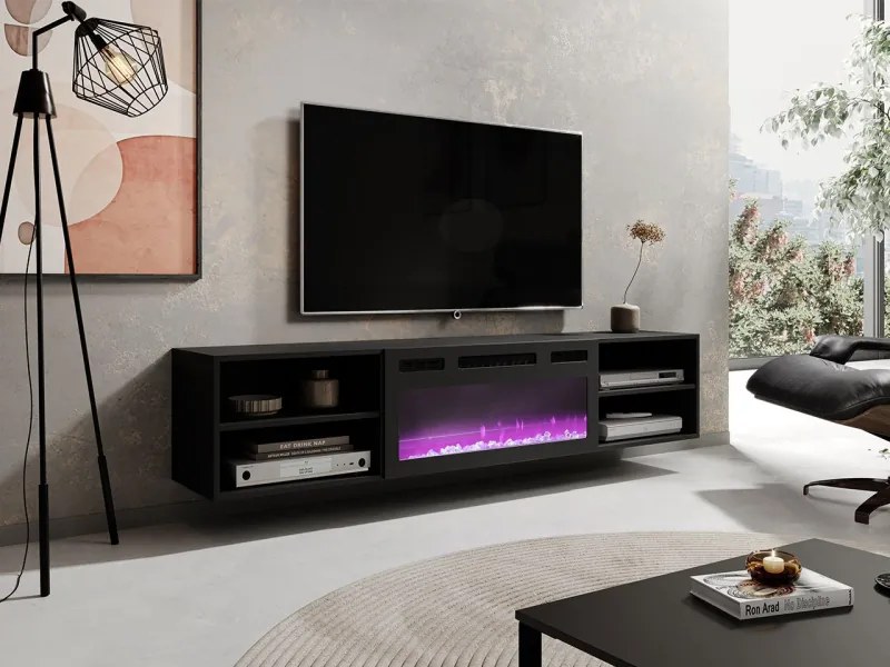 TV skříňka s krbem Loloz 180, Barva: černá, Krb: bílý